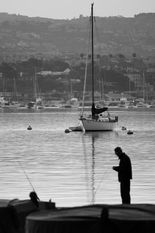 Vertical Grayscale of Newport Beach and Boats on Water Surface Stock ...