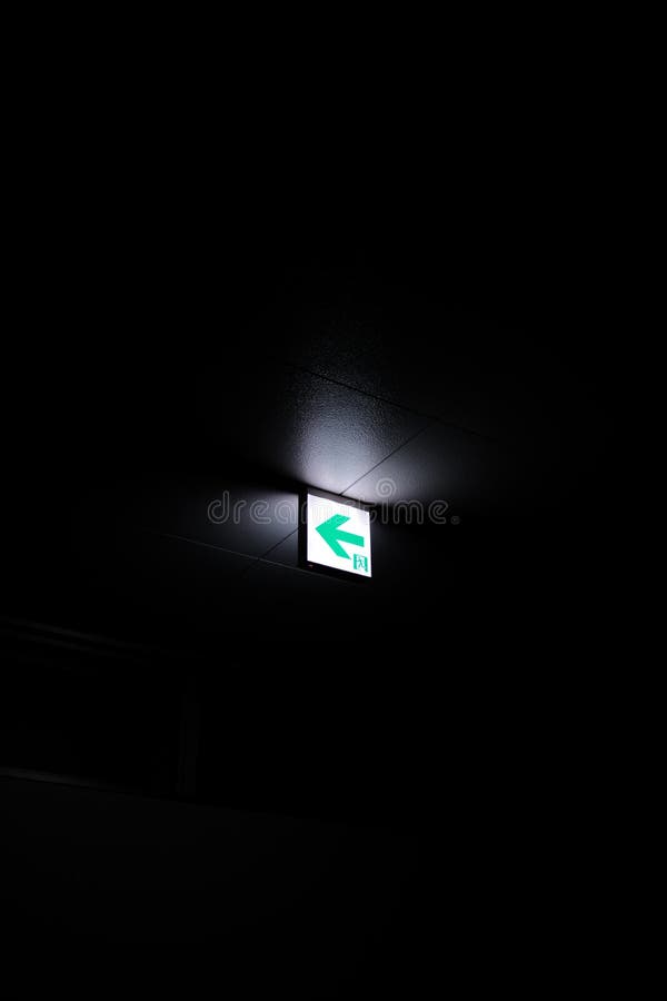Vertical Grayscale Selective Focus Shot of a Lighted Green Exit Sign on ...
