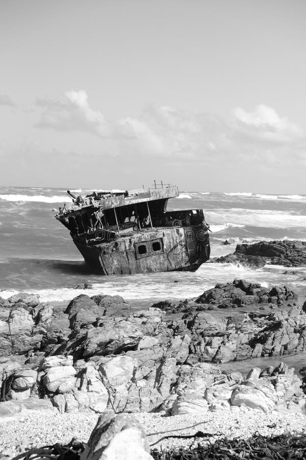 Vertical Grayscale of a Shipwreck in Seascape Coastline Hulk of a Cargo ...
