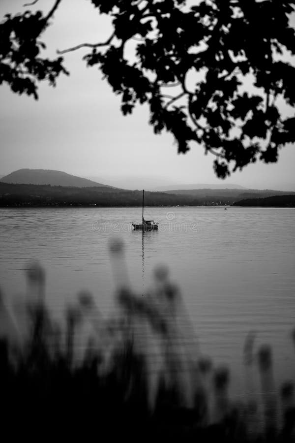 Vertical Grayscale Shot of a Boat in the Lake. Stock Image - Image of ...