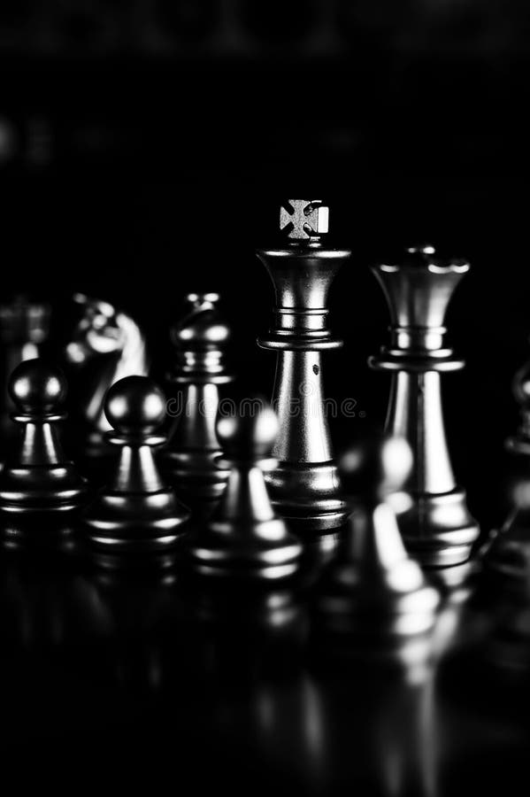 Vertical Grayscale Shot of a Chess Board with the Pieces on Top Stock ...
