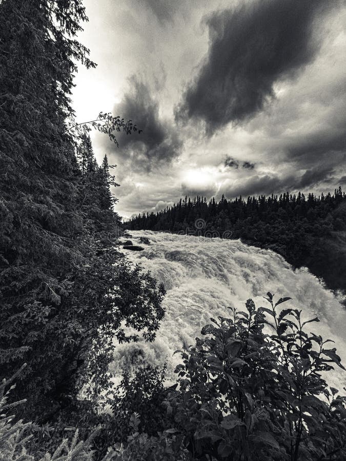 Vertical Grayscale Shot of a Waterfall Cascading from the Top Stock ...