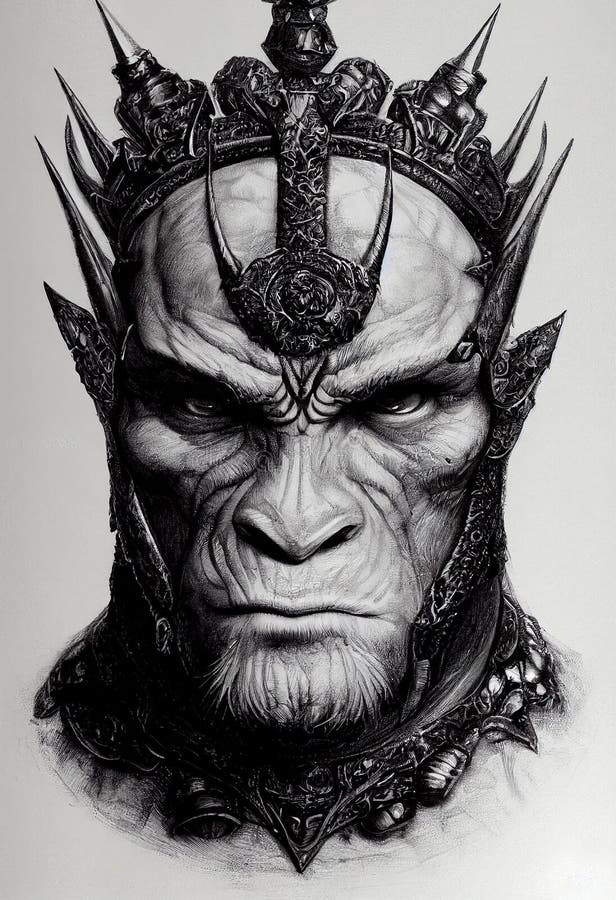 Vertical Grayscale View of a Crowned Orc - the Portrait of a Fictional ...