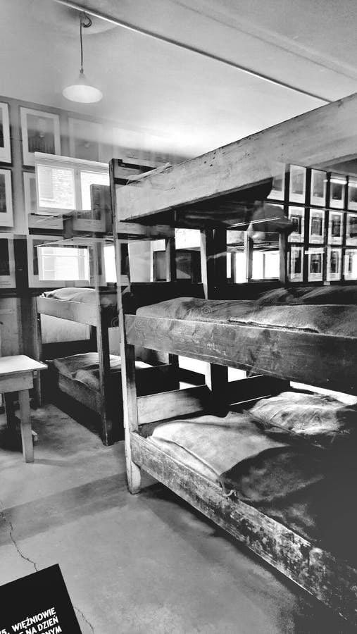 Vertical Grayscale View of the Interior of the Barracks at Auschwitz ...
