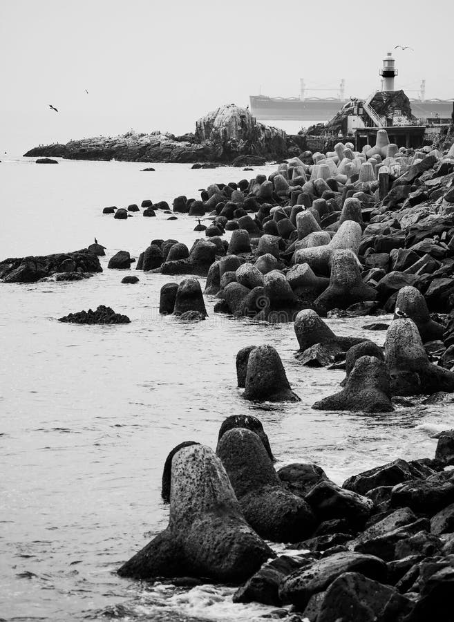 Vertical Grayscale View of Stone Formations at the Coastline on a ...