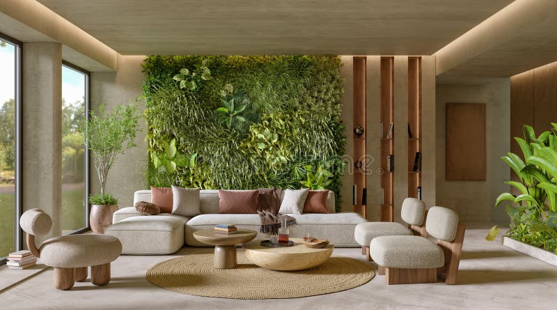 Vertical Green Wall in a Living Room Interior, 3d Render Stock ...