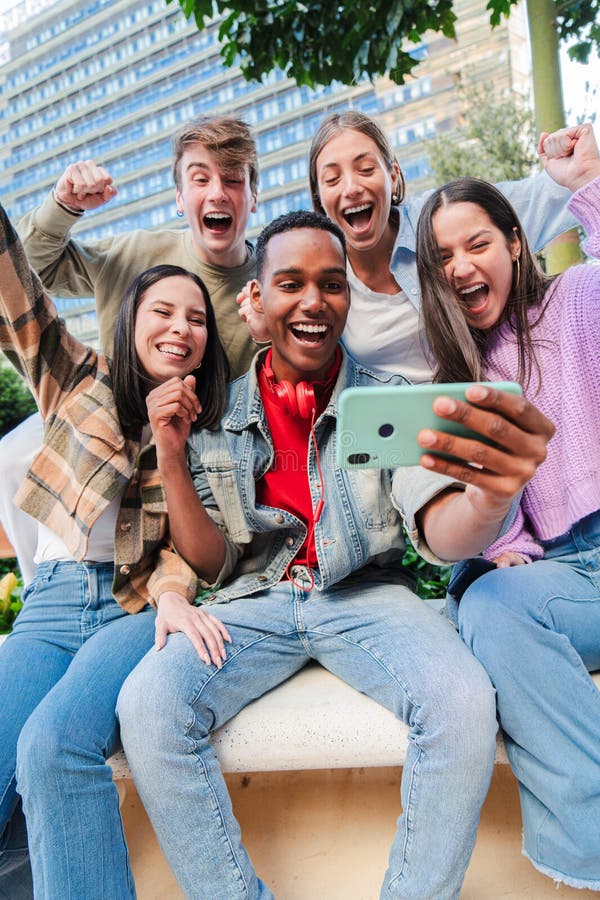 Vertical. Group of Multiracial High School Students Talking on a ...
