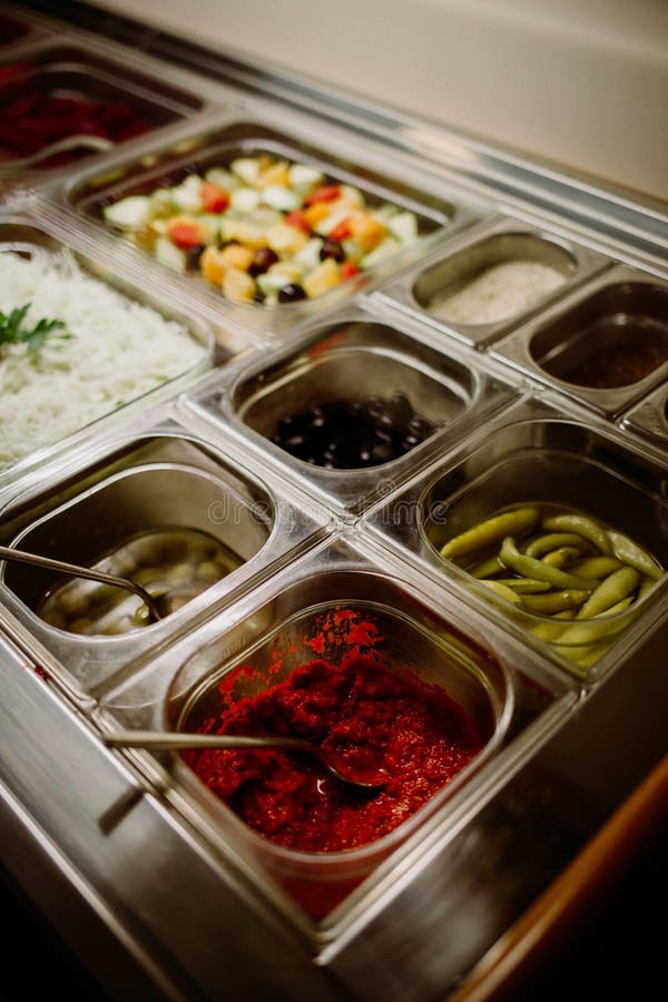 Vertical High Angle Shot of Various Foods at a Buffet Stock Image ...