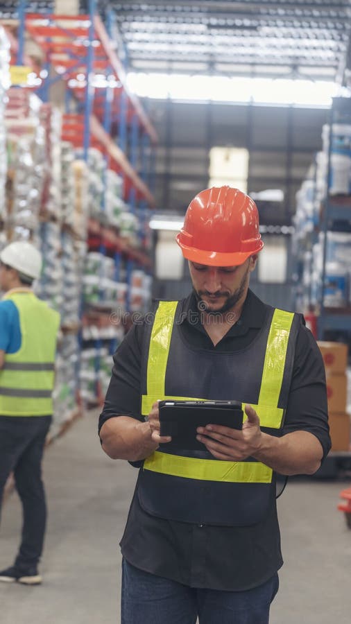 Vertical Hispanic Men Hands Touch Smart Tablet Warehouse Management ...