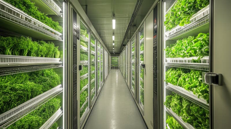 Vertical Hydroponic Farm Corridor with Lush Greenery and Led Lighting ...