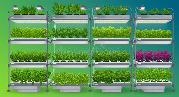 Vertical Hydroponic System Featuring Multiple Stacked Trays of Various ...