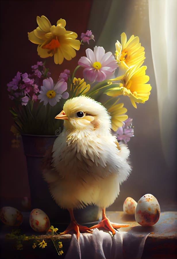 Vertical Illustration Easter Chick Easter Chick on the Table in the Background Vase Postcard ...