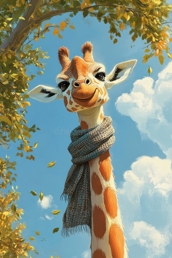 Vertical Illustration of a Giraffe with a Scarf Against Blue Cloudy ...