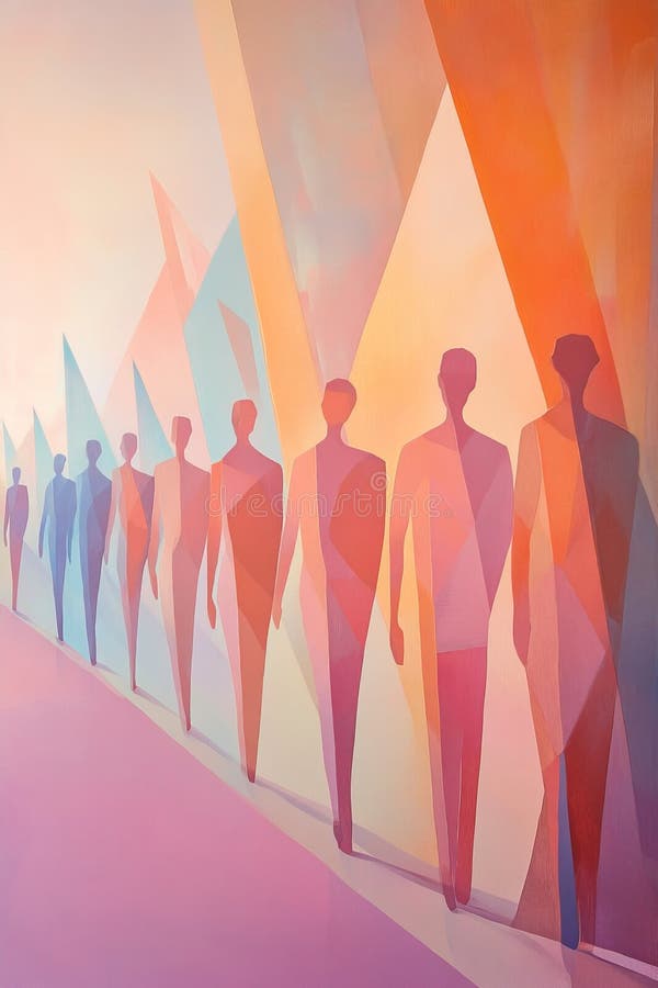 Vertical Illustration of a Group of Abstract Human Figures Marching ...