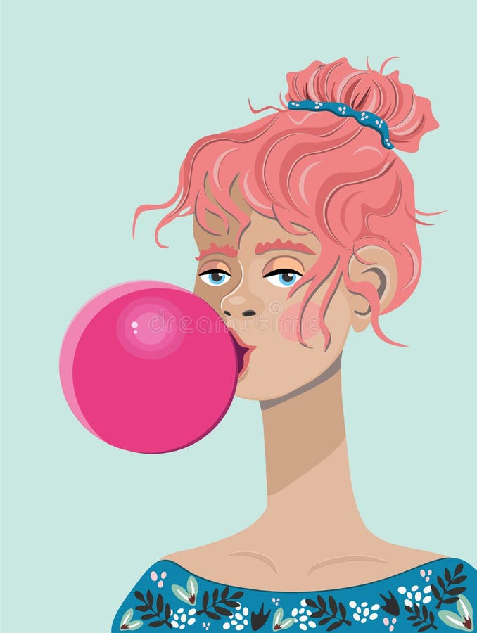 Vertical Illustration of a Pink-haired Girl Making a Bubble from a Gum ...