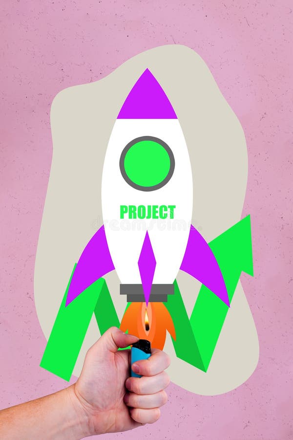 Vertical Image Art Collage of Business People Hands Show Rocket Launch ...