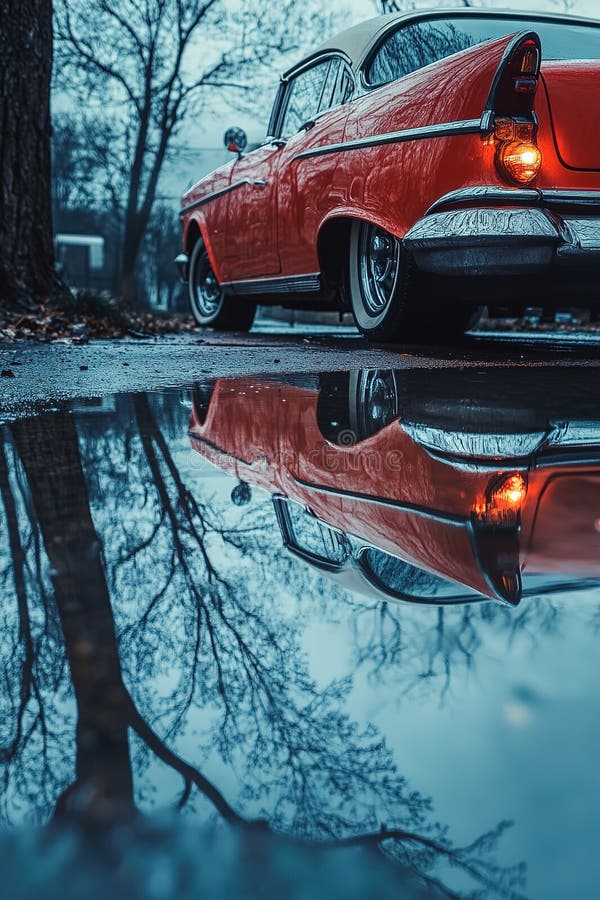 Vertical Image Back View Vintage Retro Car Reflected in a Puddle, Soft ...