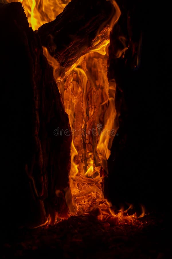 Vertical Image of a Burning Log Creating a Fiery Background Stock Image ...