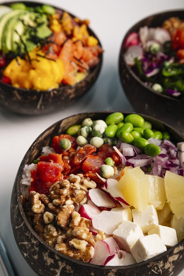 Vertical Image Close Up of Poke Bowl with Fish, Rice and Fresh ...