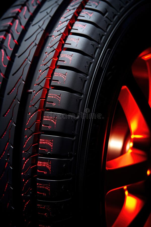 Vertical Image Closeup of a Car Tire Tread with Glowing Red Details ...
