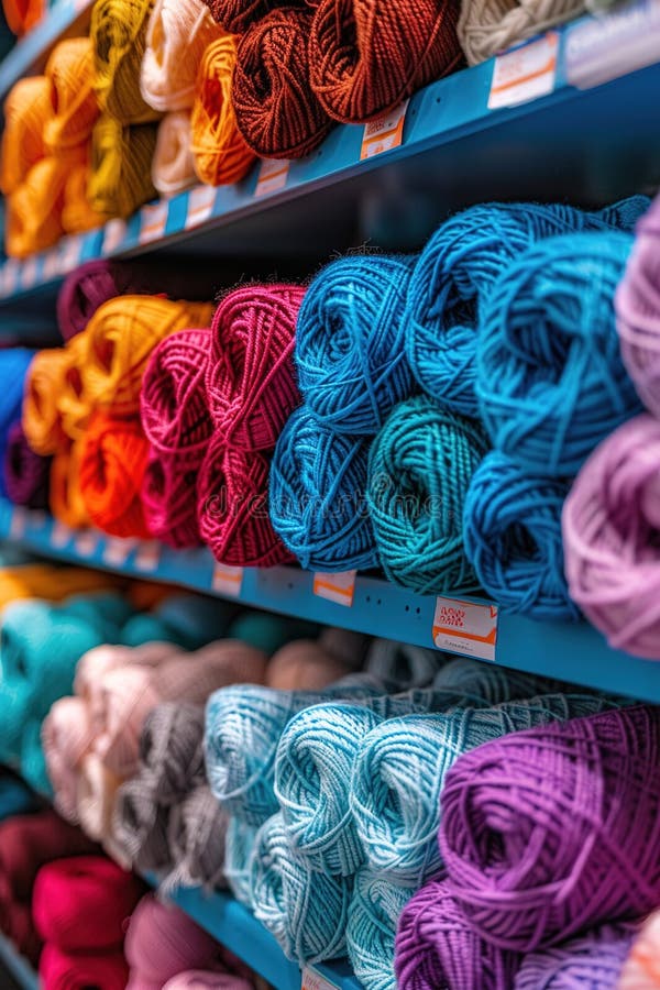 Vertical Image Closeup of Multicolored Balls of Thread on a Shelf in a ...