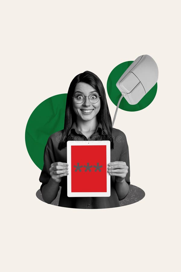 Vertical Image Collage Cheerful Young Girl Hold Tablet Password Mouse Pc Equipment Devices User ...