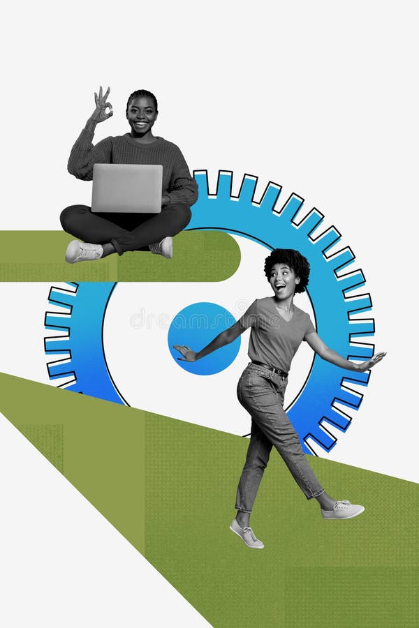 Vertical Image Collage Colleagues Cogwheels Work Setup Laptop Remote ...