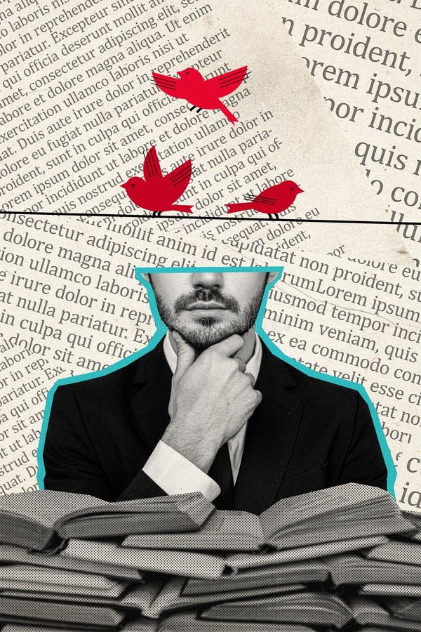 Vertical Image Collage of Man Half Face Worker Hand Touch Chin Think ...