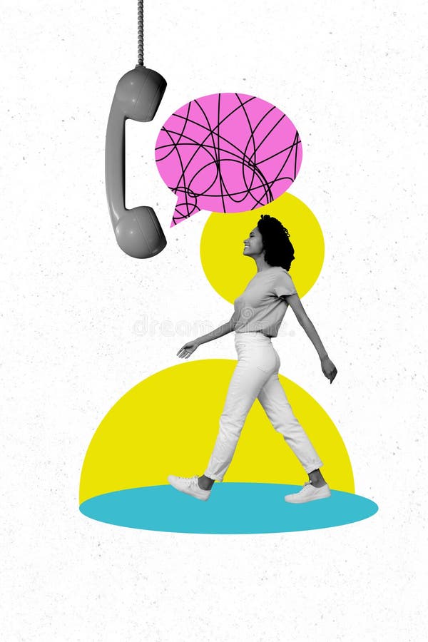 Vertical Image Collage Young Girl Walk Go Telephone Call Ring Customer ...