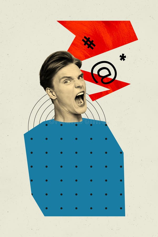 Vertical Image Collage Young Outraged Man Scream Aggressive Emotion ...