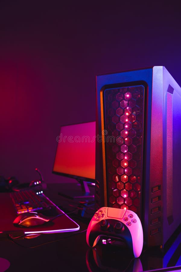 Vertical Image of Computer with Video Game Accessories with Copy Space ...