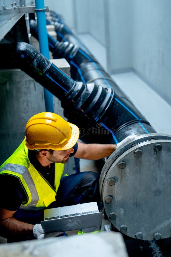 Vertical Image of Engineer or Technician Worker Use Laptop To Check ...