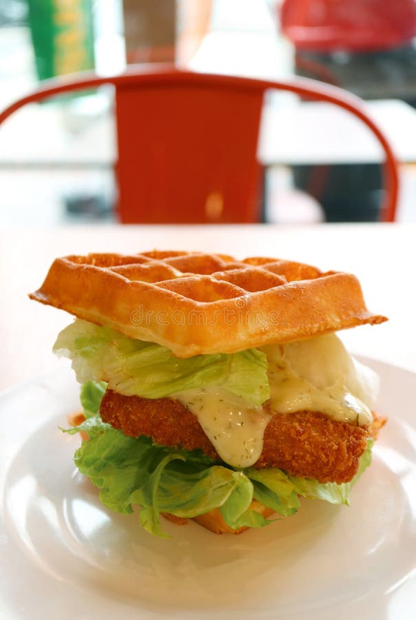 Vertical Image of Fish Fillet Waffle Sandwich with Fresh Lettuce Stock ...