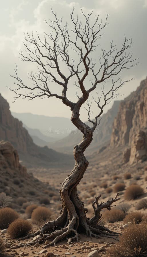Twisted Bare Tree in a Desert Valley Stock Image - Image of gnarled ...