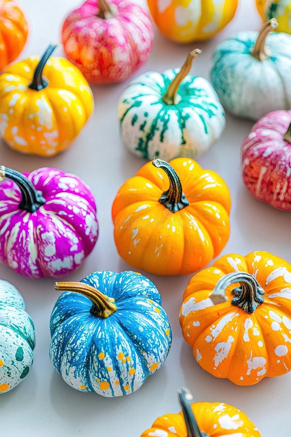 Vertical Image Group of Small Colorful Painted Pumpkins on White ...