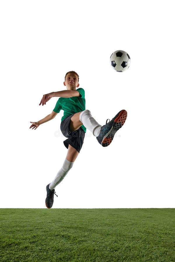 Vertical Image Low Angle View of Boy, Soccer Player in Motion during ...