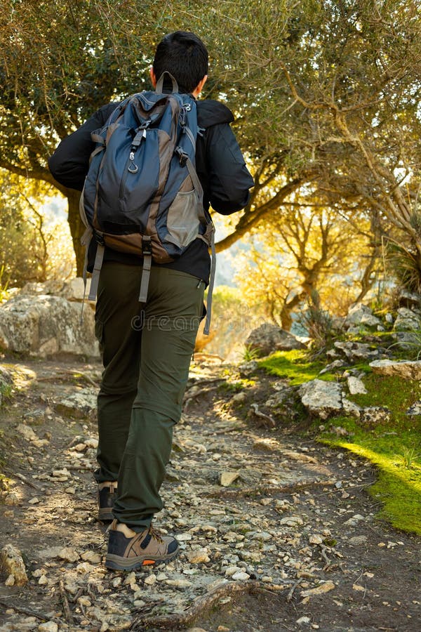 Vertical Image of a Man Hiking on a Mountain Along a Rocky Path between ...