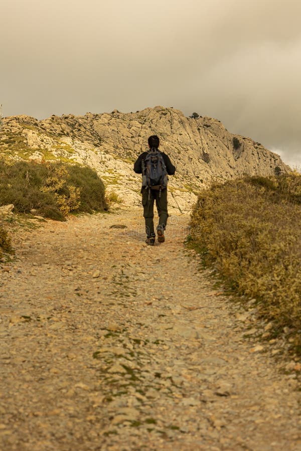 Vertical Image of Man Hiking on a Rocky Path in Nature on Top of the ...