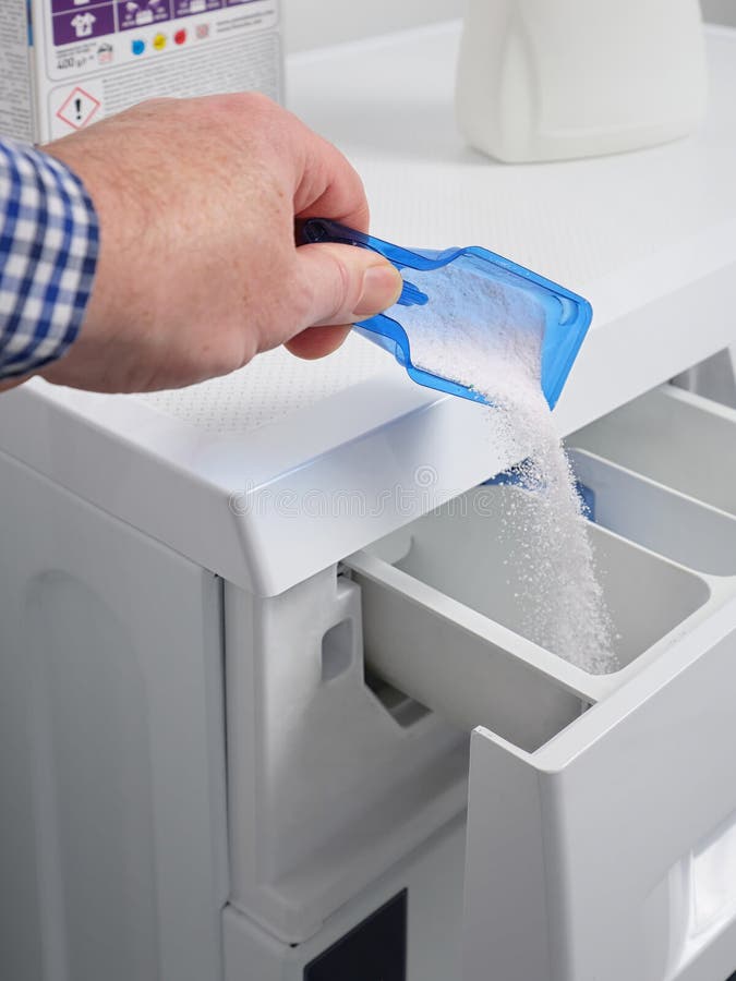 Vertical Image a Man Pouring White Washing Powder into a Washing ...