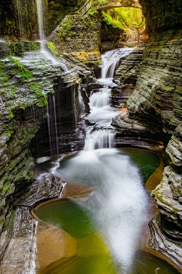 Waterfalls Under a Bridge in Watkins Glen State Park in NY Stock Photo ...
