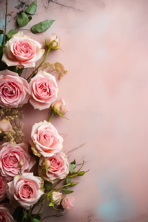 Vertical Image of Pink Roses Frame on Pastel Background Top View ...