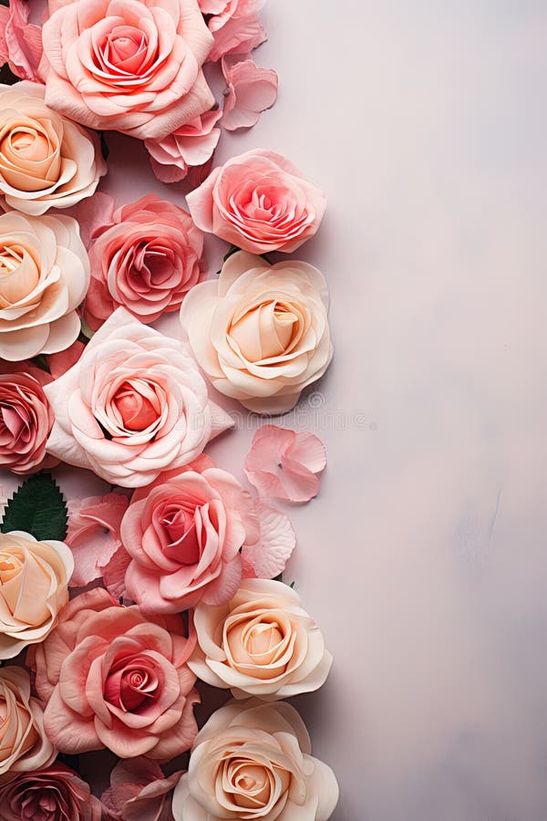 Vertical Image of Pink Roses Frame on Pastel Background Top View ...