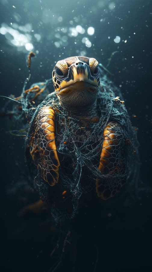 Vertical Image of a Sea Turtle Struggling while Entangled in a Fishing ...