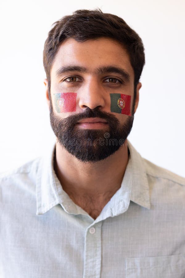 Vertical Image of Serious Multiracial Man with Flags of Portugal on ...