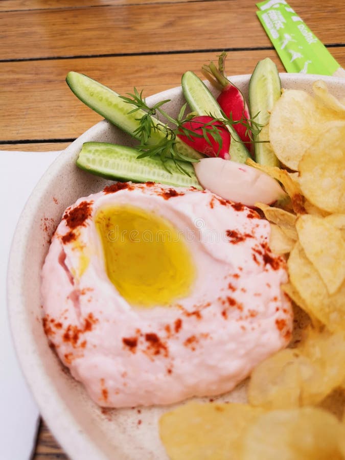 Vertical Image of Snack of Taramasalata with Cucumbers and Crisps Stock ...