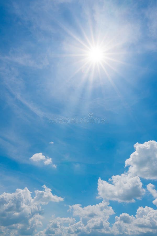 Vertical Image of Sun on Blue Sky with Sunbeams and Clouds Stock Image ...