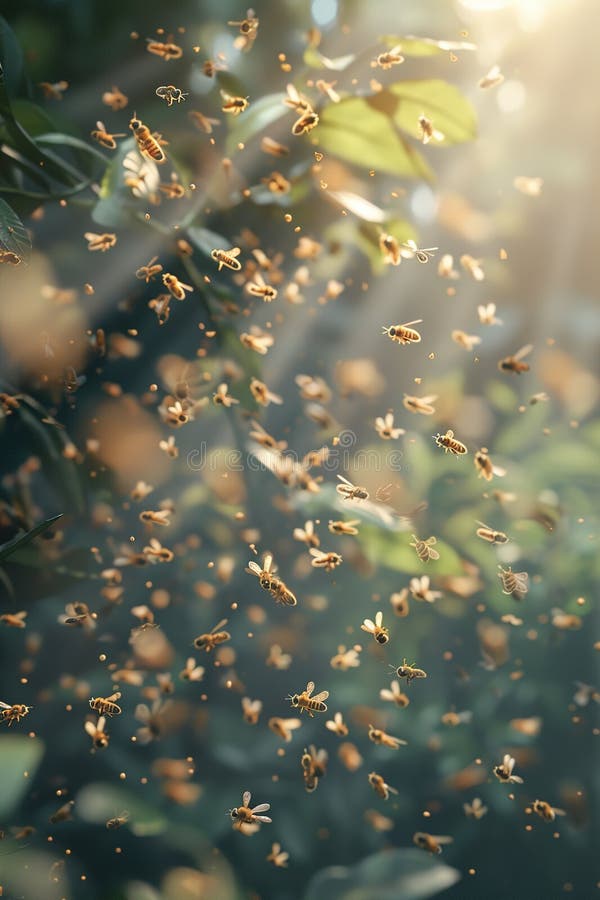 Vertical Image of a Swarm of Honey Bees Flying in the Sun S Rays in ...