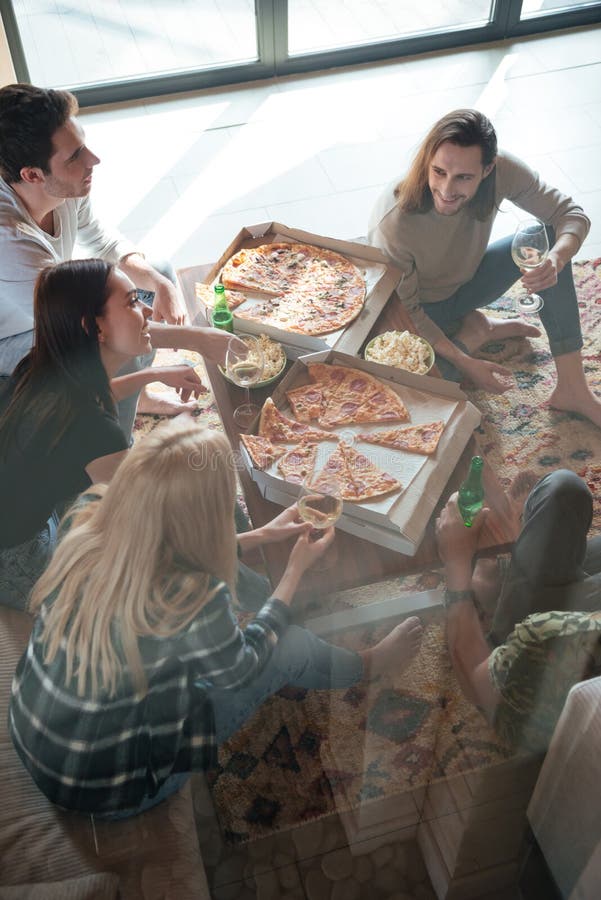 Vertical Image of Talking Five Friends in House Stock Photo - Image of ...