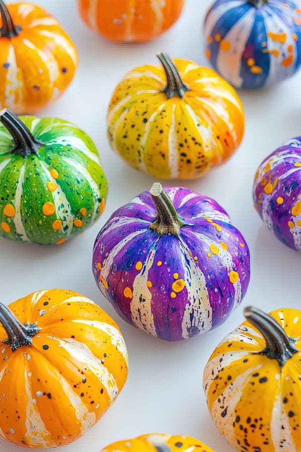Vertical Image Top View Group of Small Pumpkins Painted in Different ...