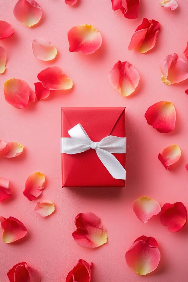 Vertical Image Top View Small Red Gift Box with White Ribbon Surrounded ...